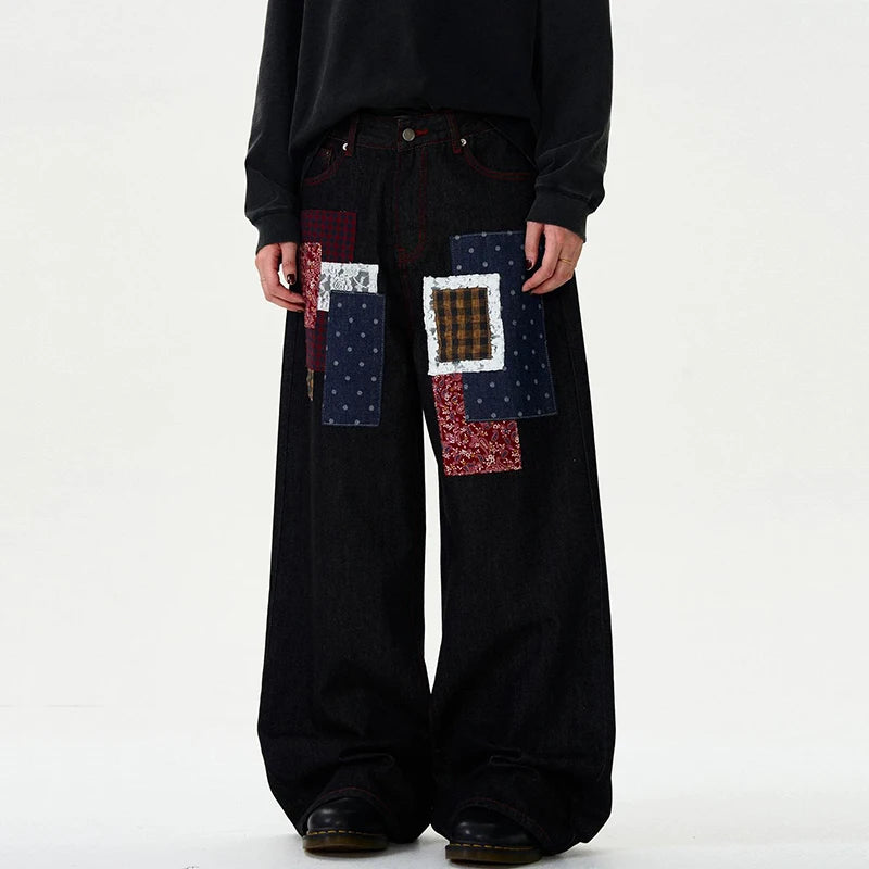 Black Plaid Patchwork Men's Jeans