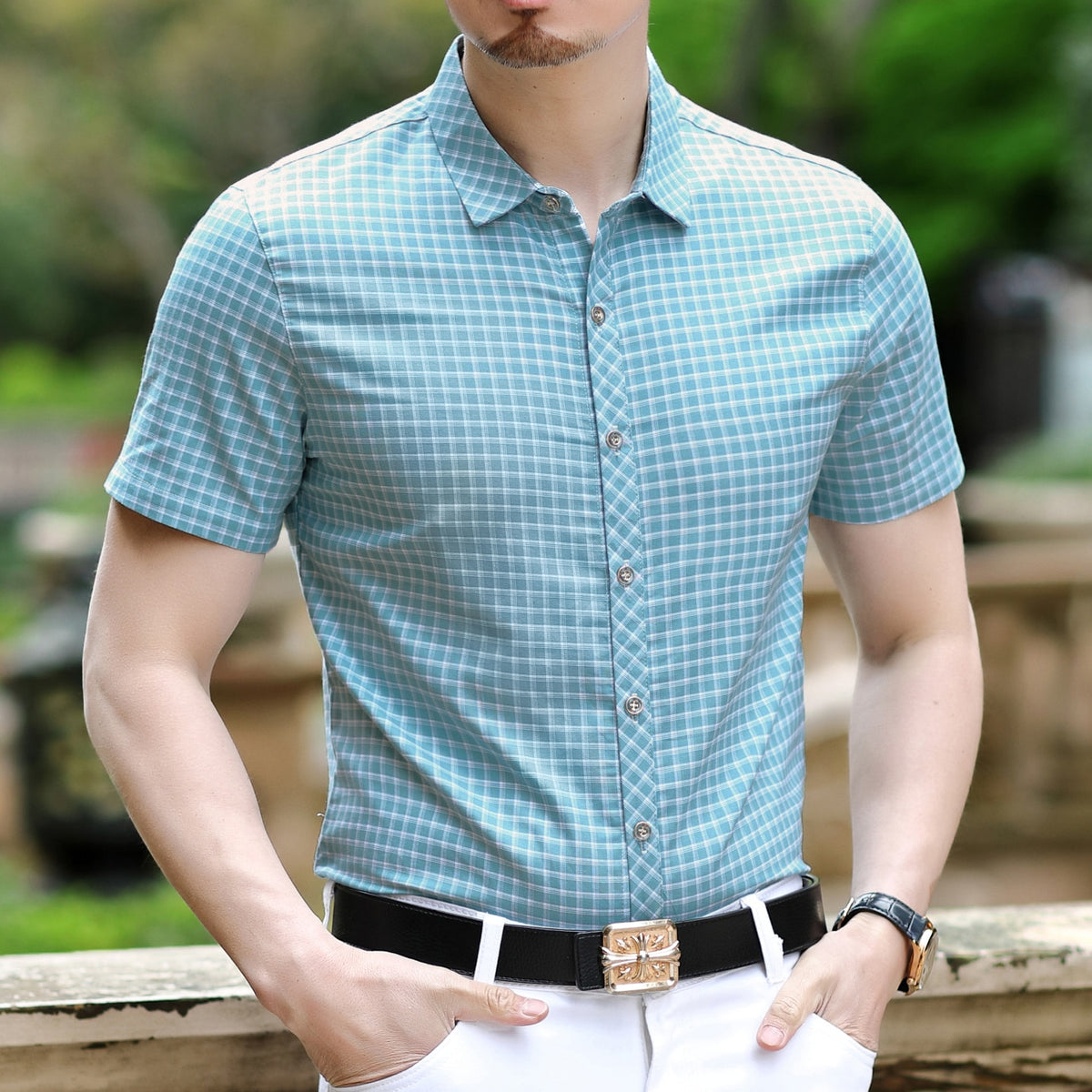 Pastel Color Short Sleeve Men Plaid Shirt – FanFreakz
