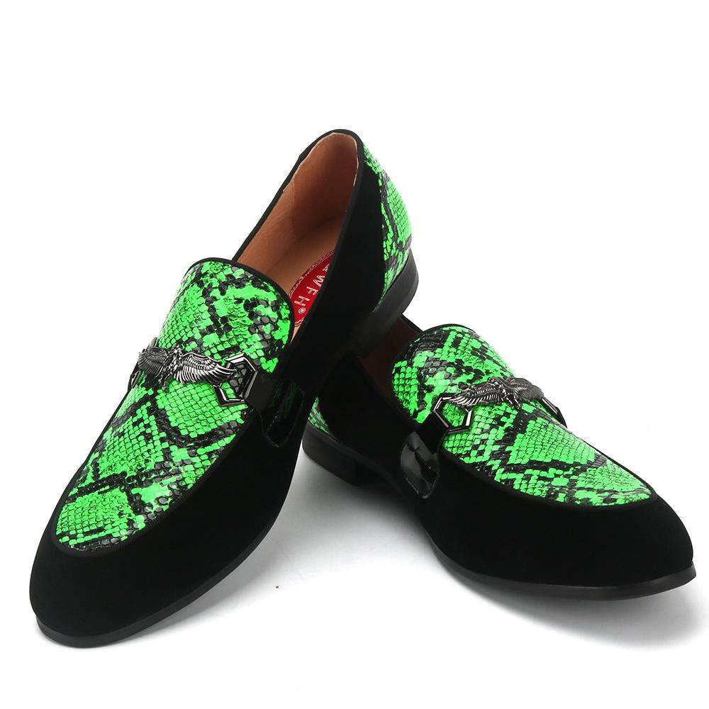 Black Green Snake Pattern Men Loafers Shoes – FanFreakz
