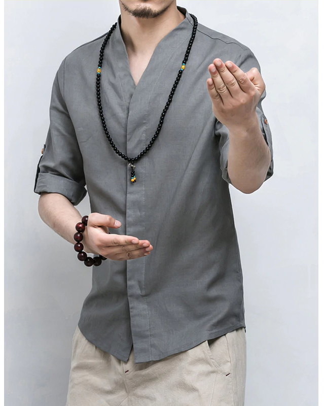 Cotton Linen Three Quarter Sleeve Solid Chinese V Neck Style Men Shirt