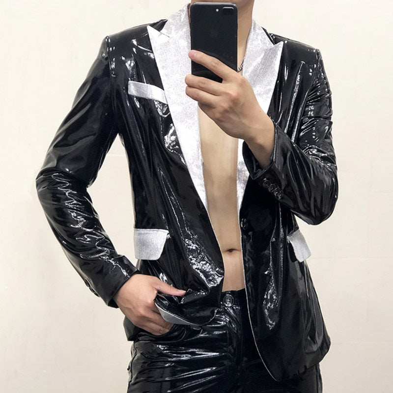 Glossy Leather Contrast Men Blazer