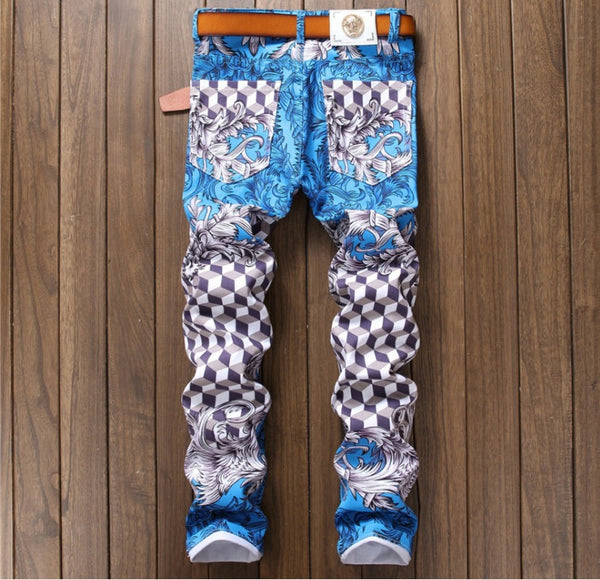 Colorful Print Pattern Men Slim Straight Jeans