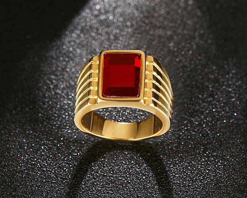 Men's Square Red Stone Rings Gold-Plated Steel Jewelry Bague Anillos